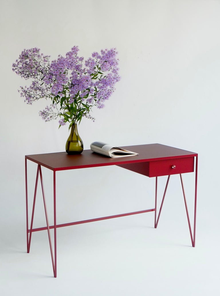 Burgundy Study Desk with Natural Linoleum Table Top and Drawer ...