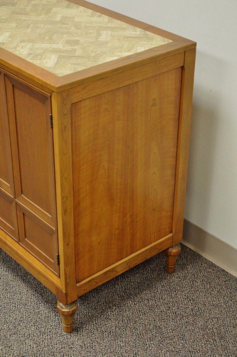 Burl Walnut and Cherry Herringbone Inlay Stone Top Sideboard Credenza ...