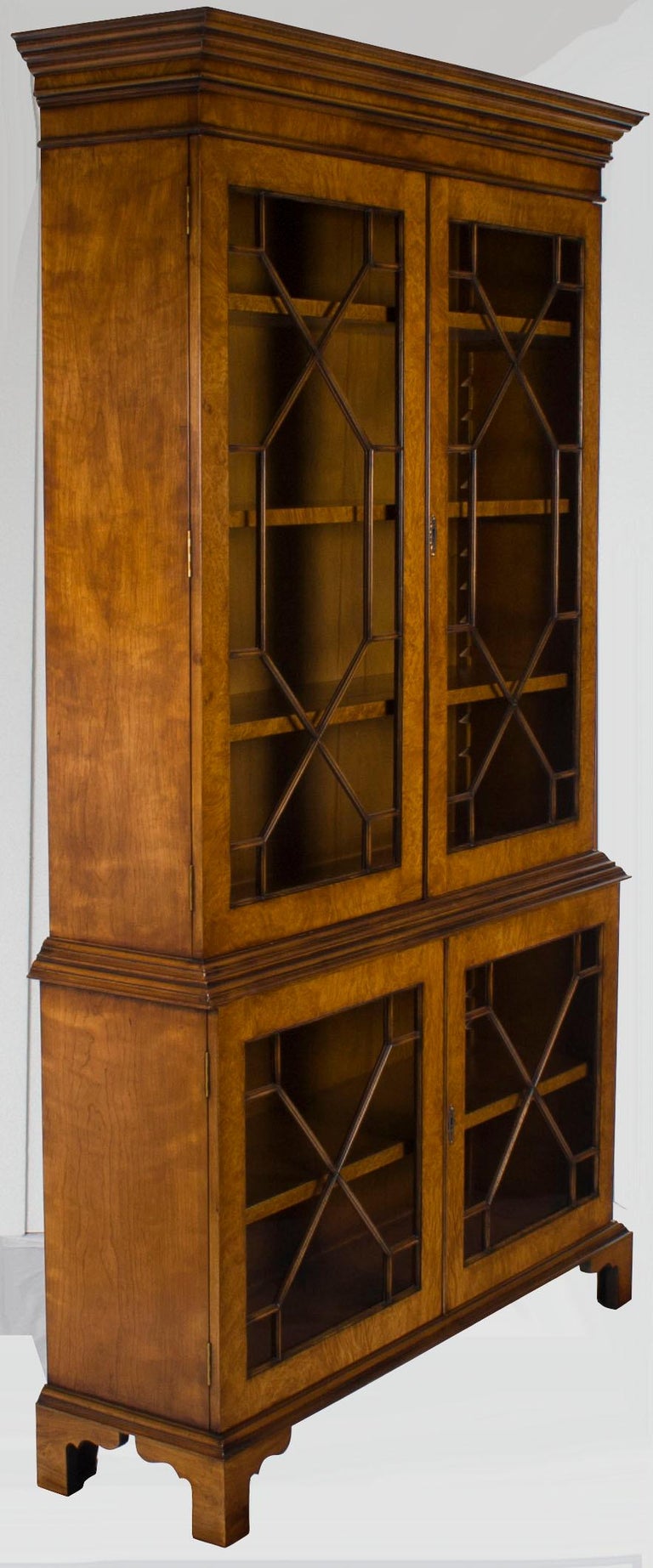 Burl Walnut Glass Door Breakfront Bookcase Bookshelf Display Cabinet ...