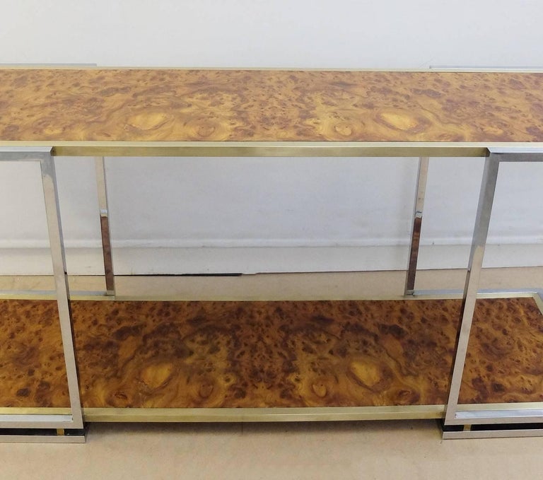 Burled Walnut Chrome and Brass Console For Sale at 1stDibs