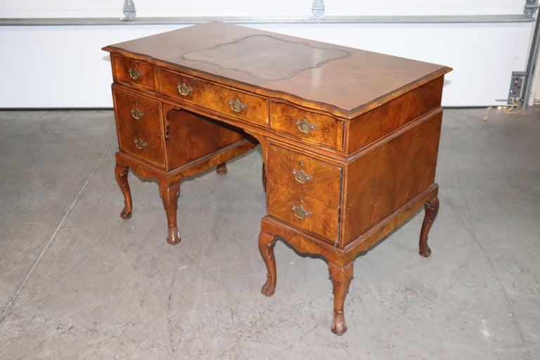 Burled Walnut English Writing Kneehole Desk with Distressed Embossed ...