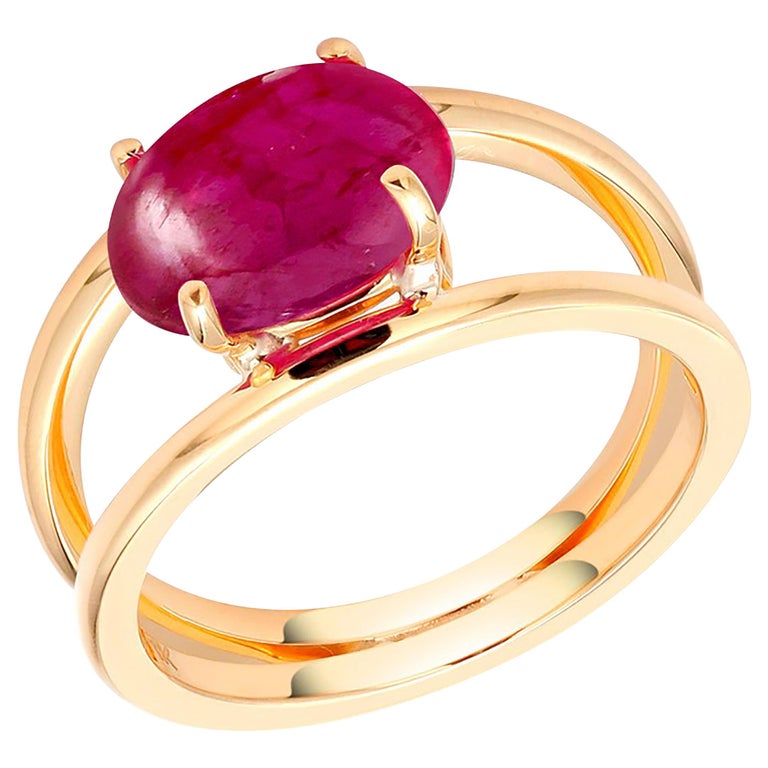 Burma Cabochon Ruby Split Shank Solitaire Eighteen Karat Yellow Gold Ring at 1stDibs