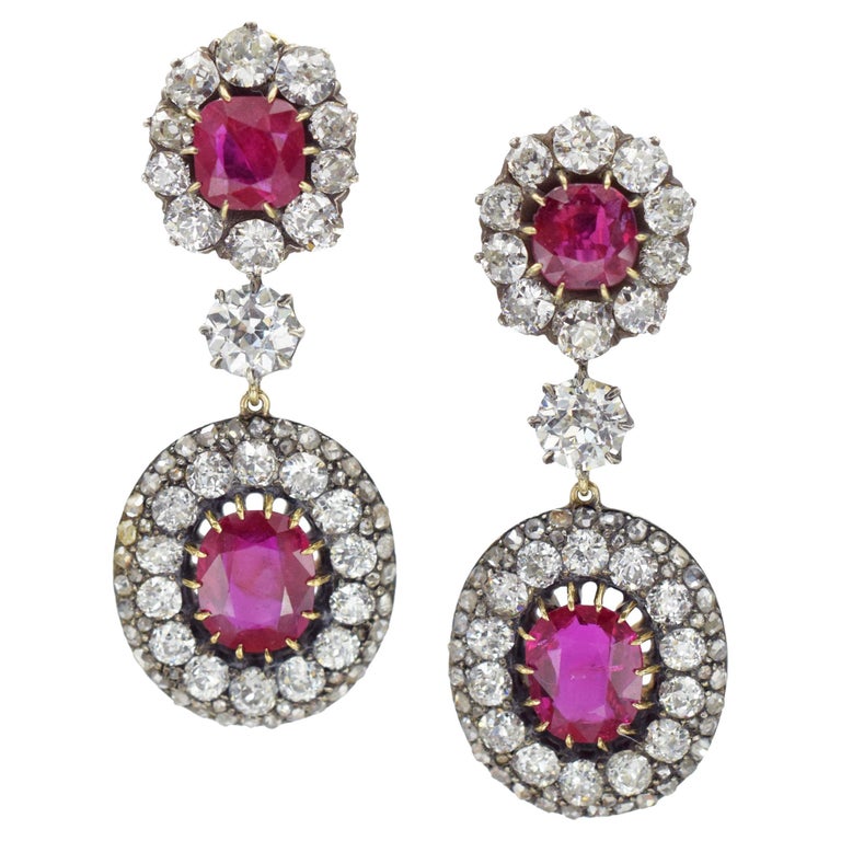 Burma No Enhancement Antique Ruby and Diamond Earrings at 1stDibs