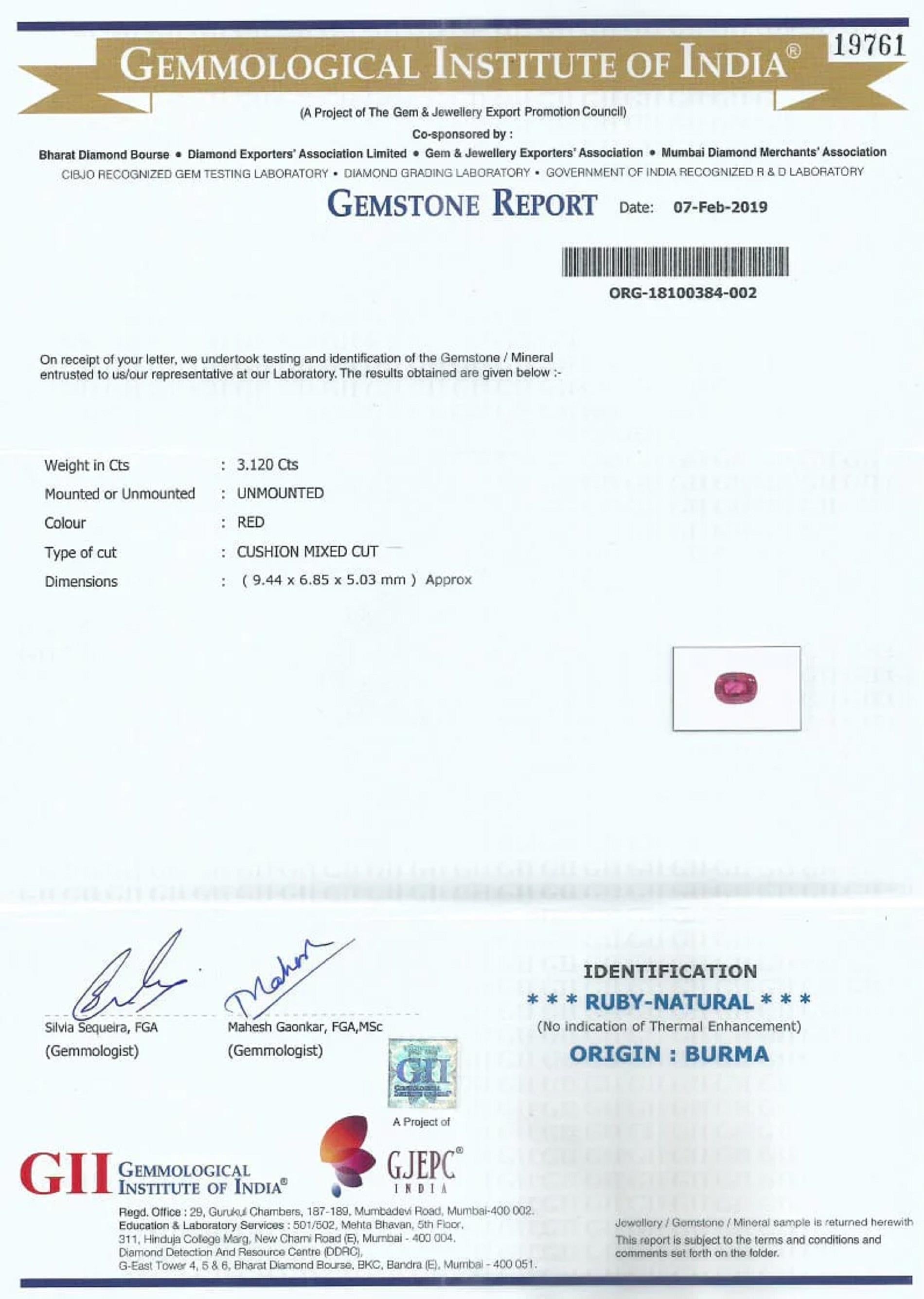 Burma No Heat Certified 3 Carat Ruby Cushion Diamond Ring For Sale at ...