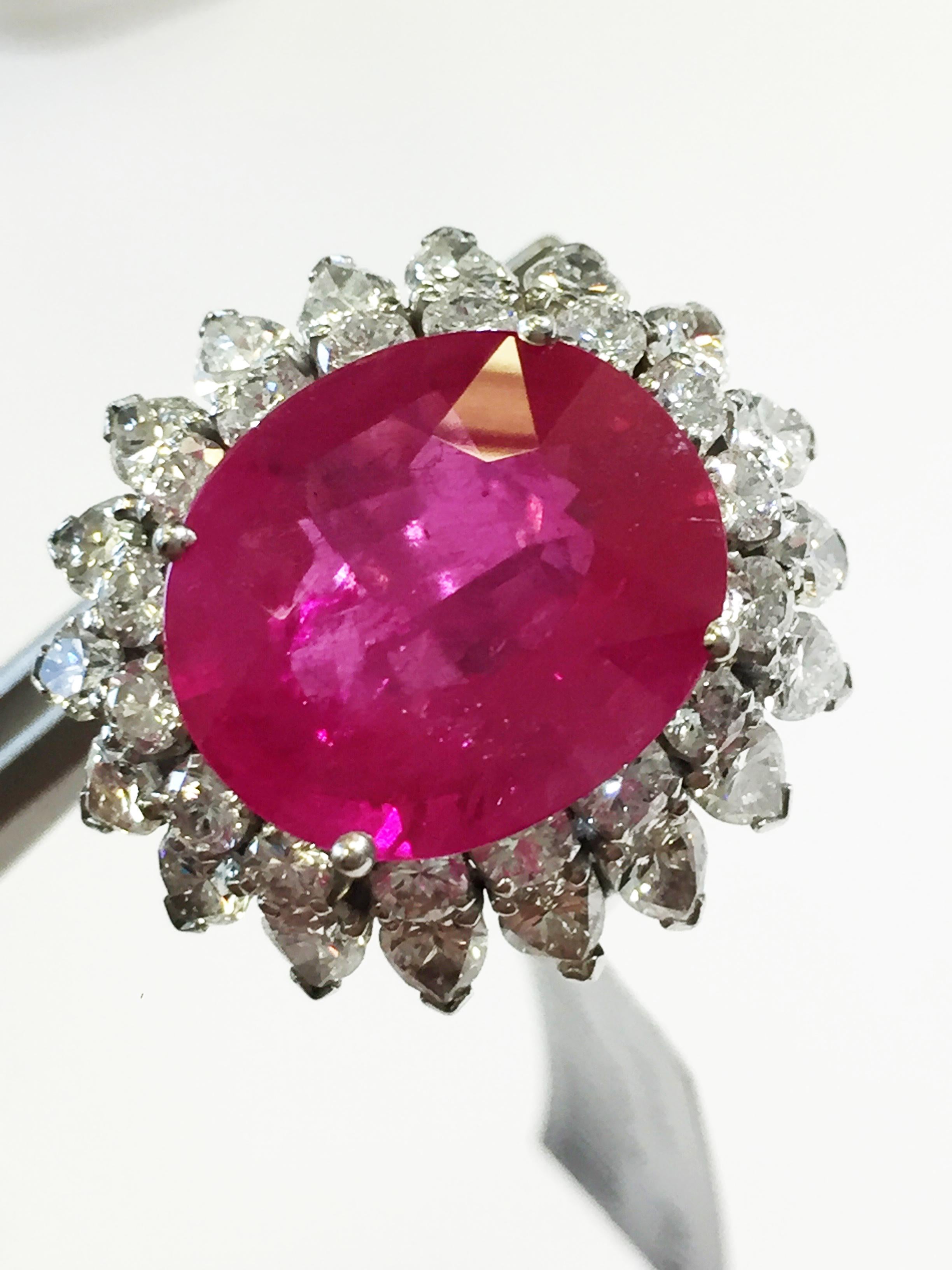 Burma Red Ruby Oval and Diamond Platinum Cocktail Ring at 1stDibs