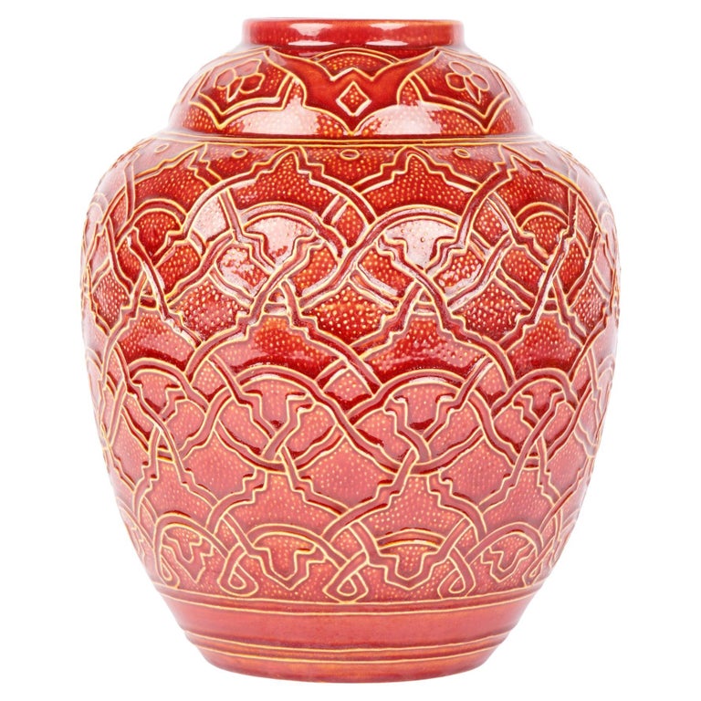 Burmantofts Faience Large Exceptional Red Glazed Patterned Vase at 1stDibs