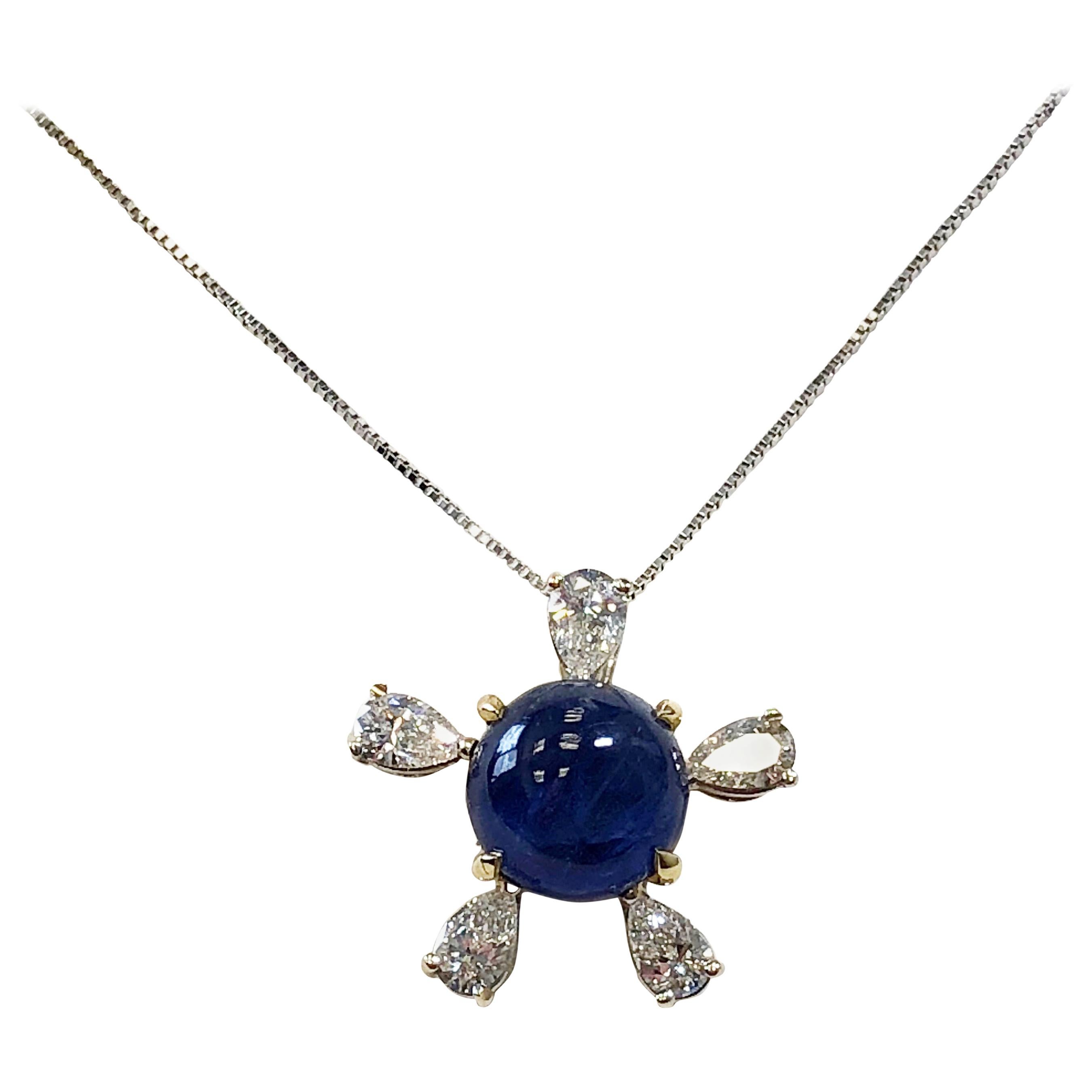 Diamond and Blue Sapphire Drop Pendant Necklace in 18 Karat White Gold ...