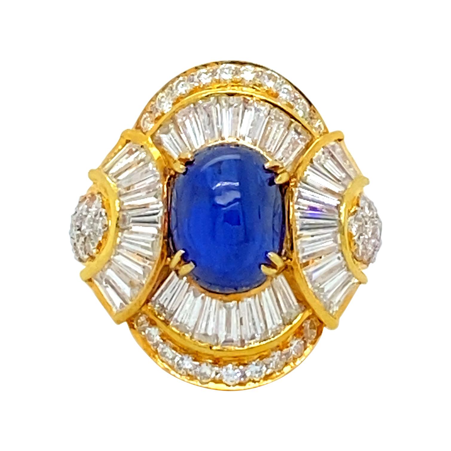 Cabochon Burma Sapphire Emerald Platinum Ring For Sale at 1stDibs