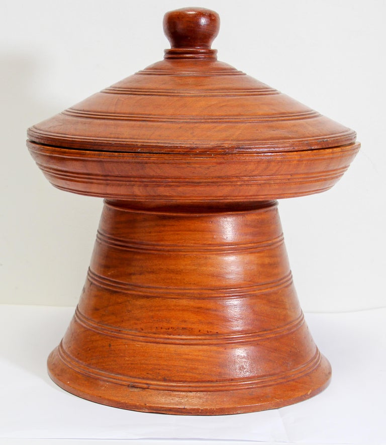 Asian Burmese Carved Wood Temple Offering Lidded Box For Sale at 1stDibs