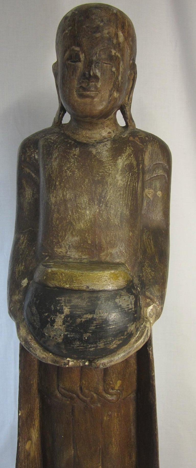 Burmese Carved Wooden Polychromed Monk Figure at 1stDibs
