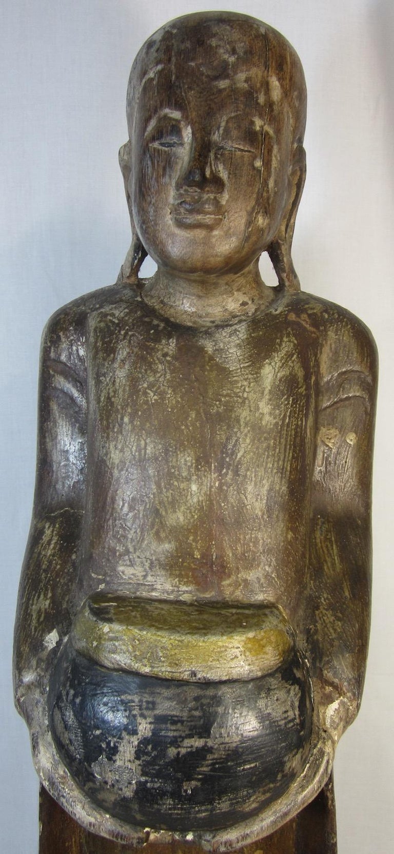 Burmese Carved Wooden Polychromed Monk Figure at 1stDibs