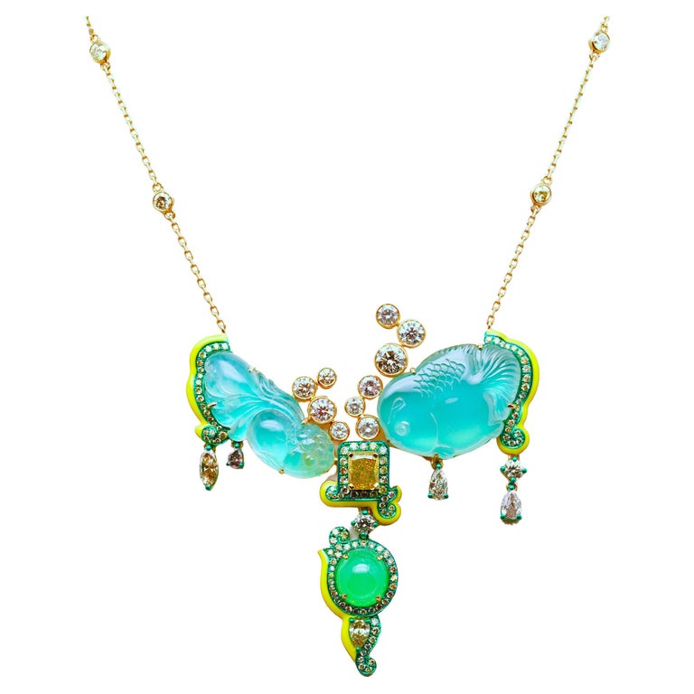 Burmese Jadeite Jade and Fancy Color Diamond Necklace, 18K Gold, Austy ...