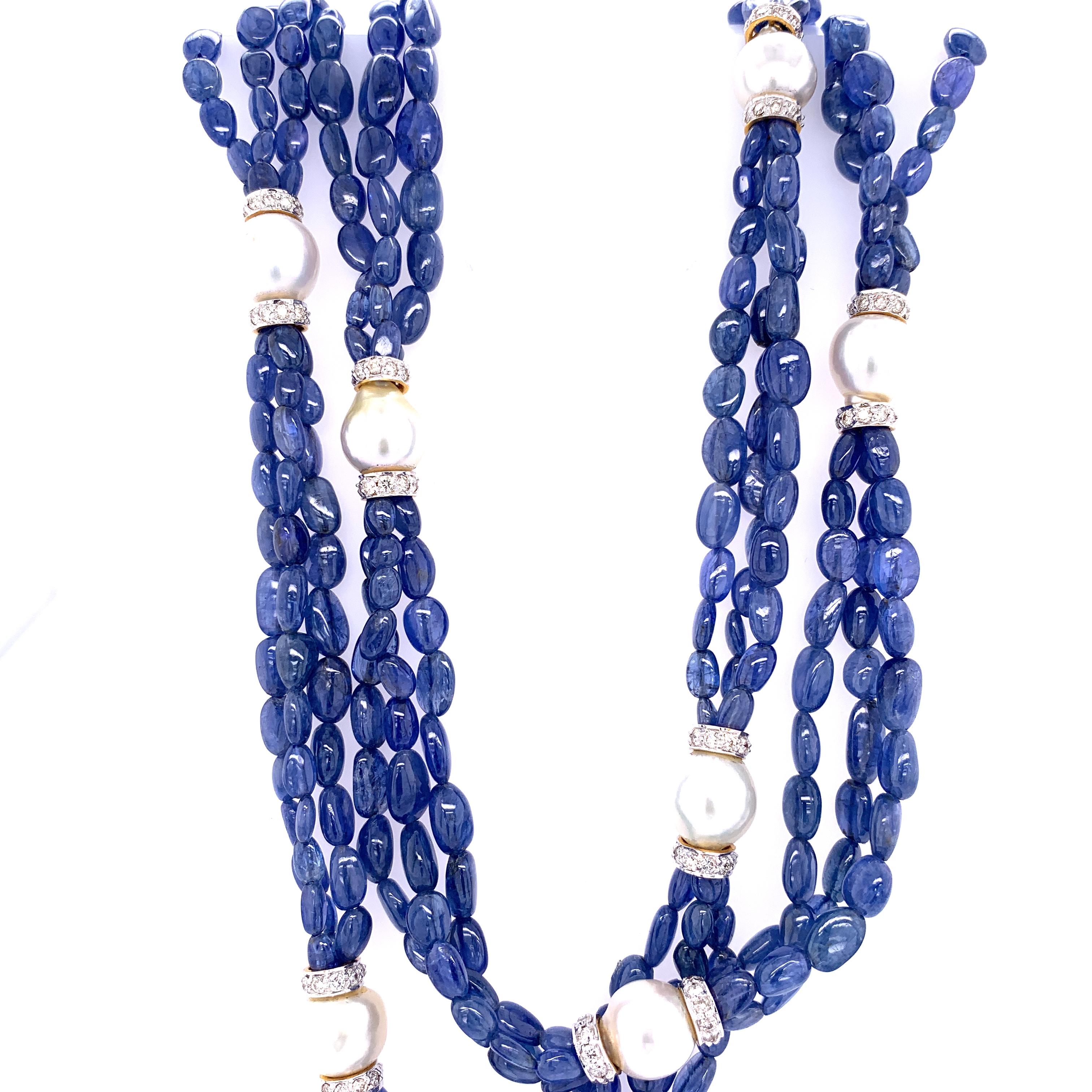 Burmese No Heat Sapphire Beads, Pearls, and White Diamond Gold Necklace ...