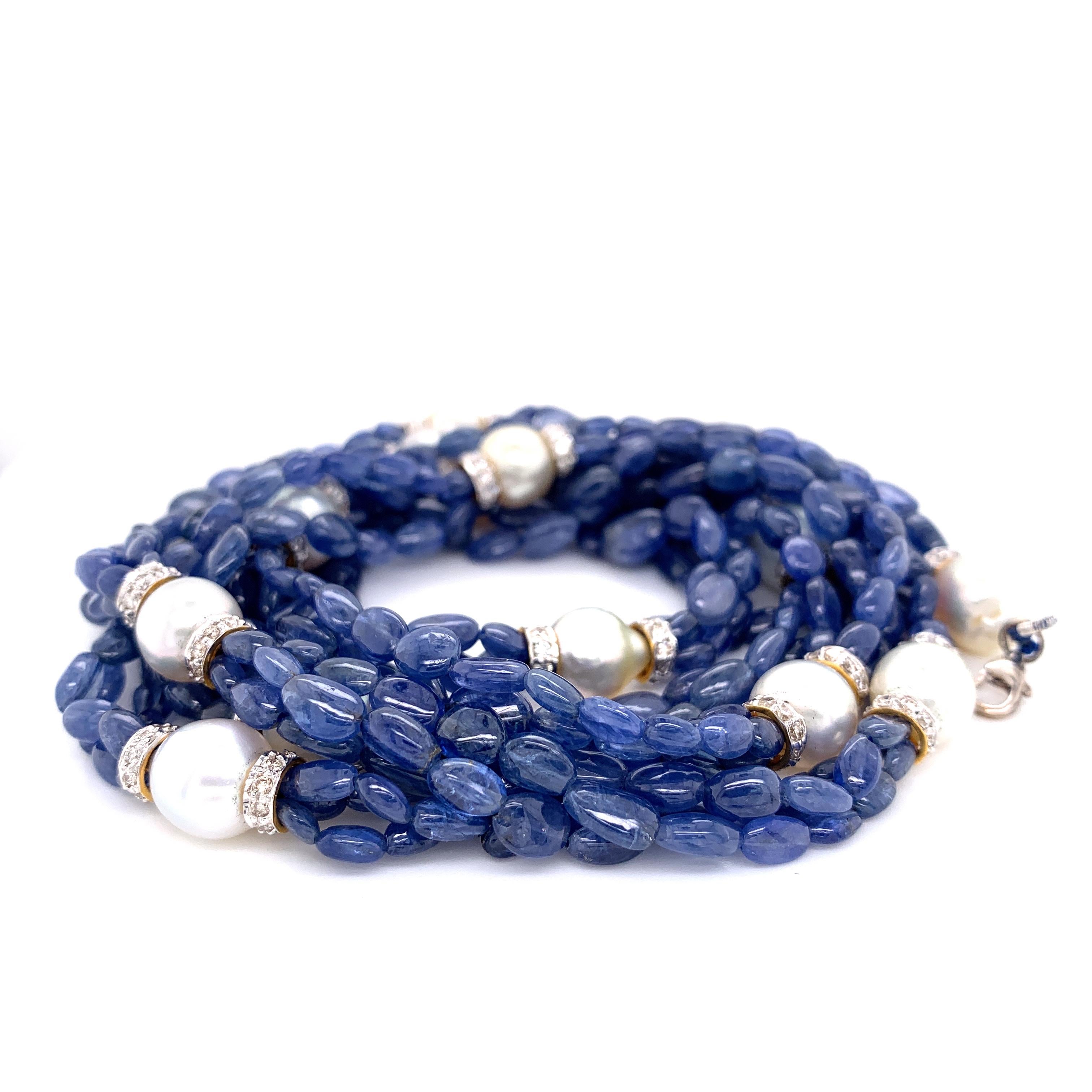 Burmese No Heat Sapphire Beads, Pearls, and White Diamond Gold Necklace ...
