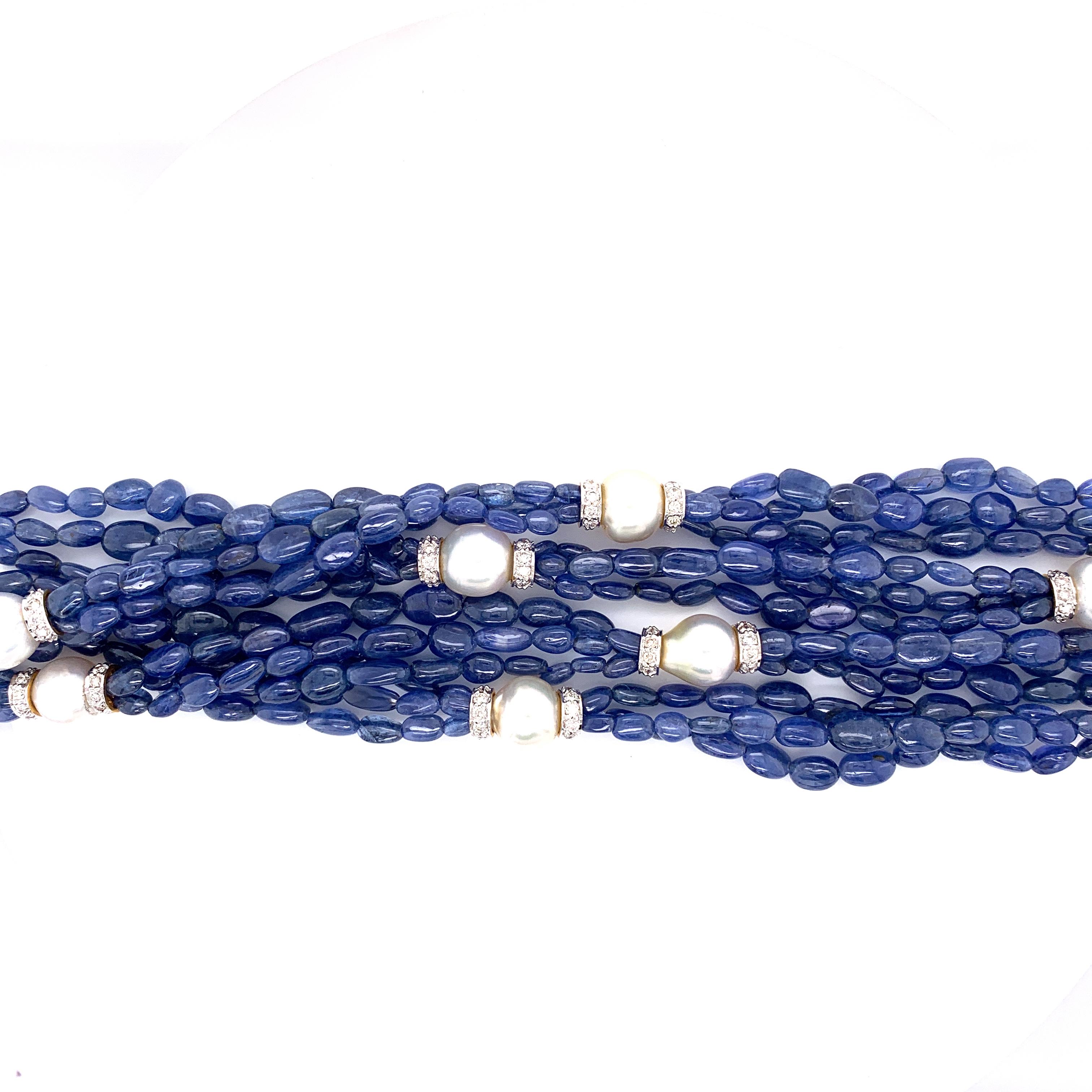 Burmese No Heat Sapphire Beads, Pearls, and White Diamond Gold Necklace ...