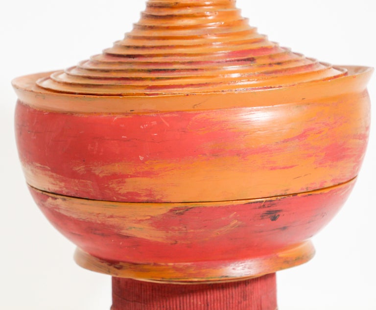 Burmese Red Carved Wood Temple Offering Box For Sale at 1stDibs