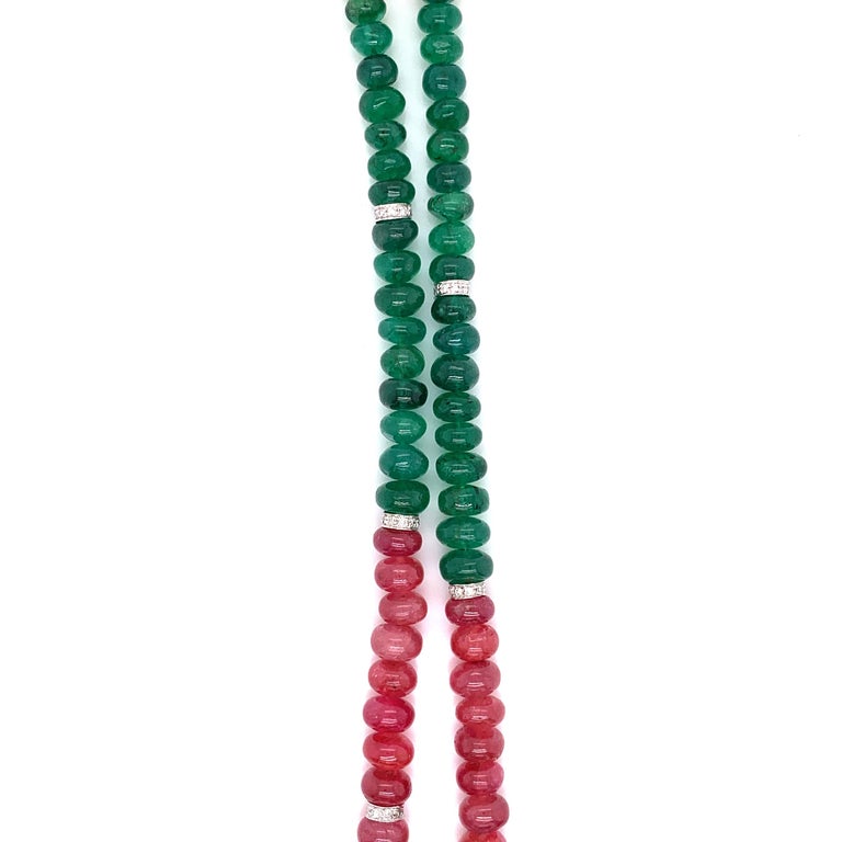 Burmese Ruby and Emerald Beads White Diamond Gold Necklace For Sale at 1stDibs