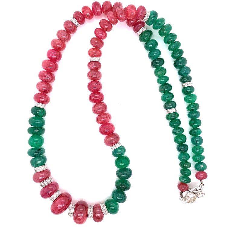 Burmese Ruby and Emerald Beads White Diamond Gold Necklace For Sale at ...