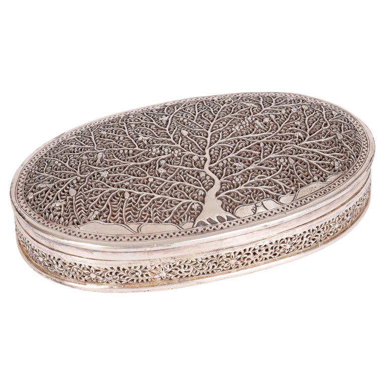 Burmese Silver Tree of Life Oval Lidded Box For Sale at 1stDibs