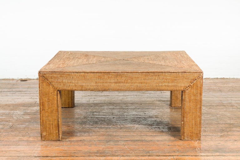 Burmese Vintage Rattan Parsons Leg Coffee Table Hand-Stitched over Wood ...