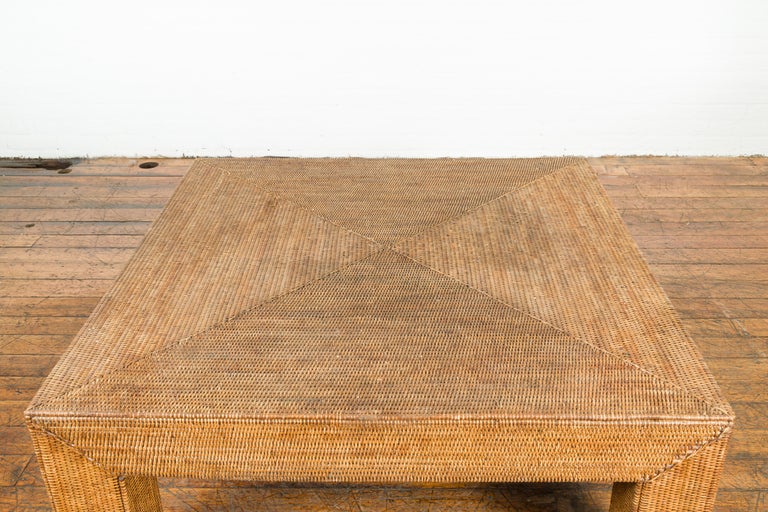 Burmese Vintage Rattan Parsons Leg Coffee Table Hand-Stitched over Wood ...