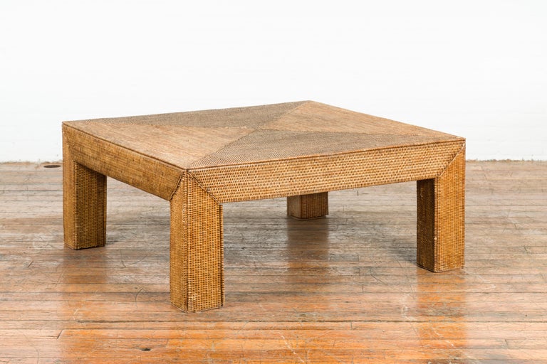 Burmese Vintage Rattan Parsons Leg Coffee Table Hand-Stitched over Wood ...