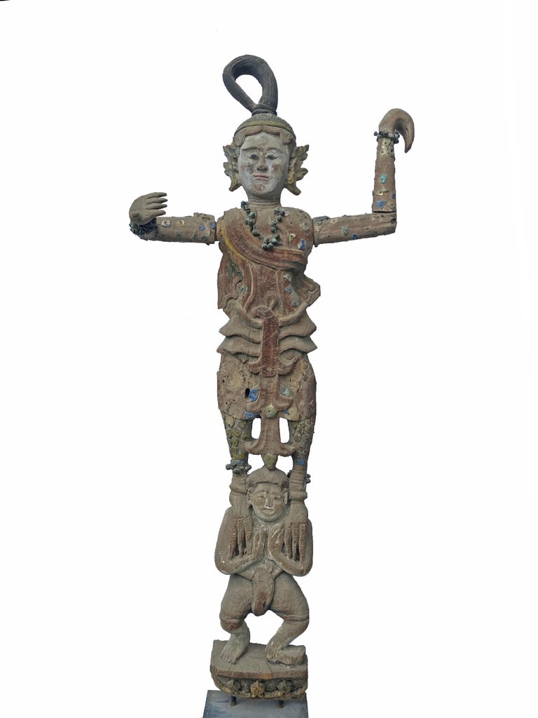 Burmese Wooden Teak Nat Statue Spirit Guardians Pair, Early 20th ...