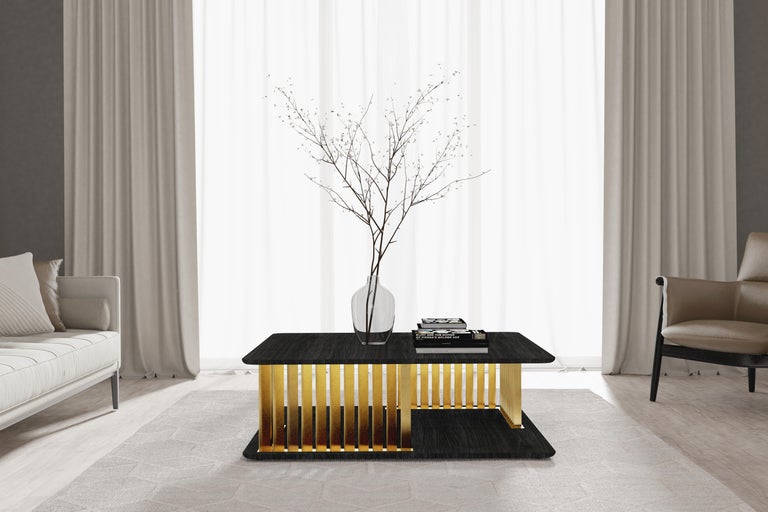 Plateau Square Coffee Table in Black Wood and Brass Structure by NONO ...