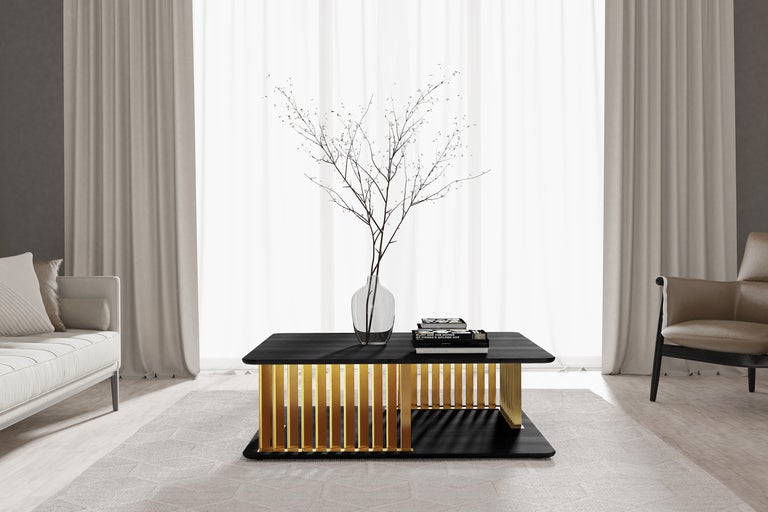 Plateau Rectangular Coffee Table in Black Wood and Brass Structure by ...