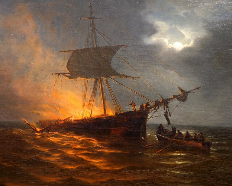 Burning Ship at Sea, Oil Painting by George Lourens Kiers Dated 1868 ...