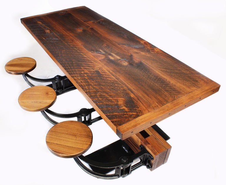 Burnt Top Rustic Dining Table Set with Attached Cast Iron Swing out ...