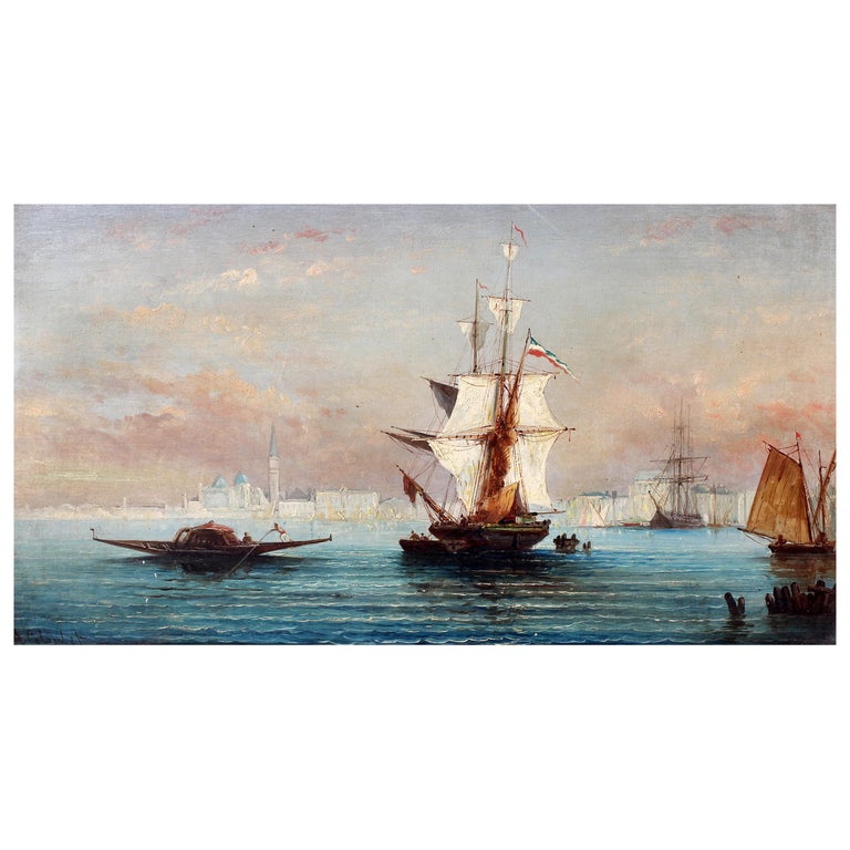 Busy Venetian Harbor Scene Italian Seascape Oil Painting For Sale at ...