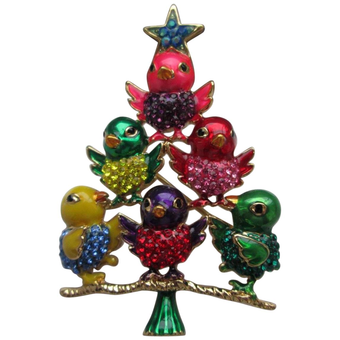Butler Wilson Designer BW Enamel and Crystal Chick Bird Tree Brooch Pin ...
