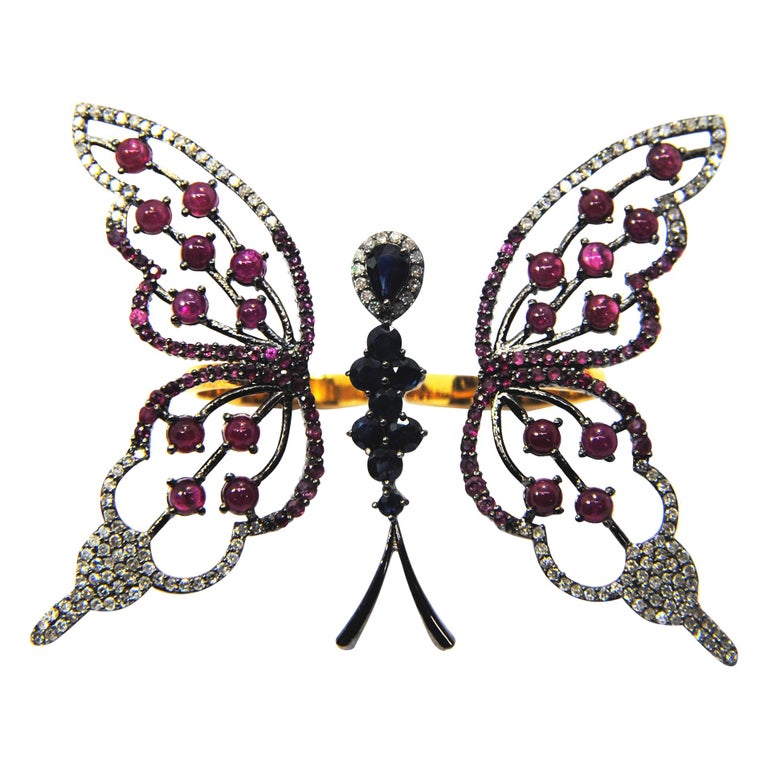 Butterfly Cocktail Ring 18 Karat Gold, Silver, Diamonds, Ruby, Sapphire ...