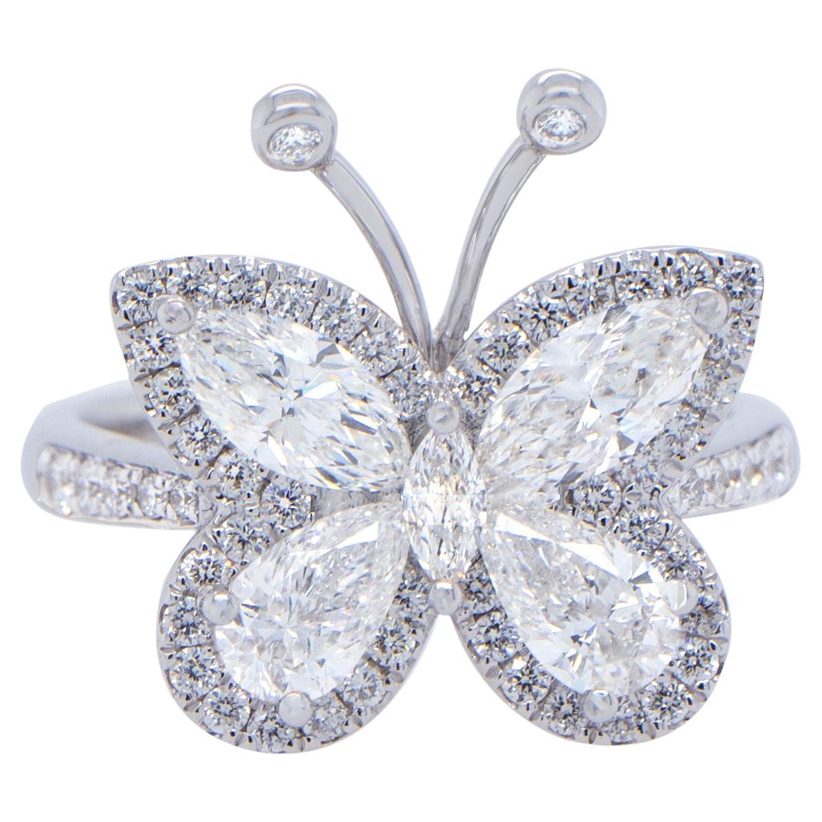 Butterfly Diamond Ring 1.70 Carats 18K White Gold For Sale at 1stDibs