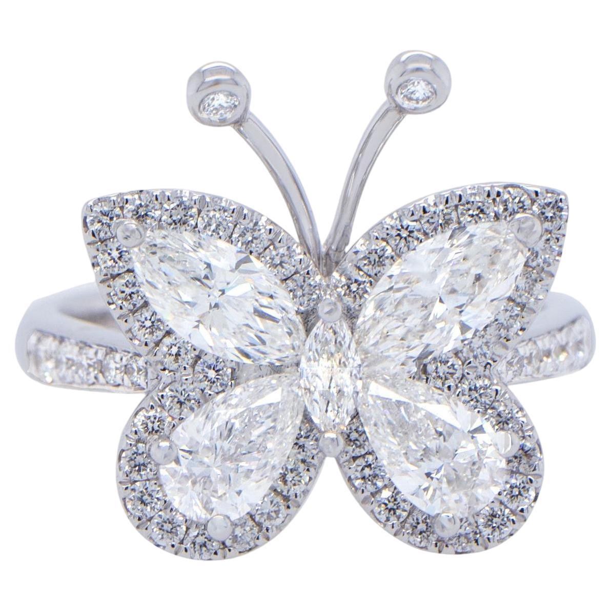 Butterfly Diamond Ring 1.70 Carats 18K White Gold For Sale at 1stDibs