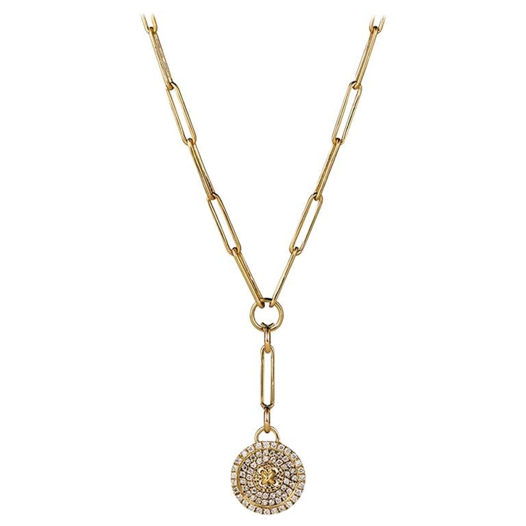 Pave Button Pendant Necklace, 14K Yellow Gold with White Diamonds For ...