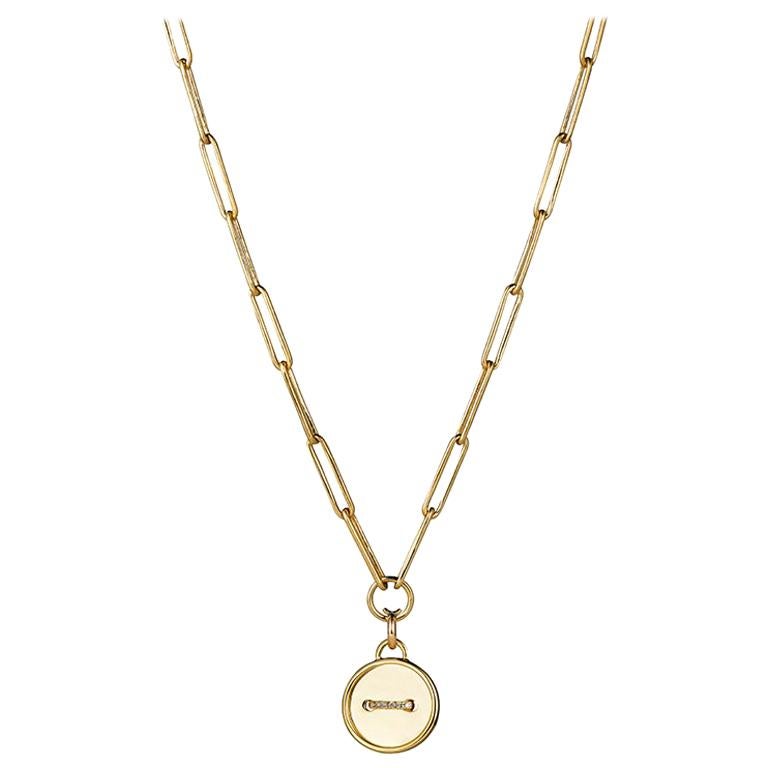 Pave Button Pendant Necklace, 14K Yellow Gold with White Diamonds For ...