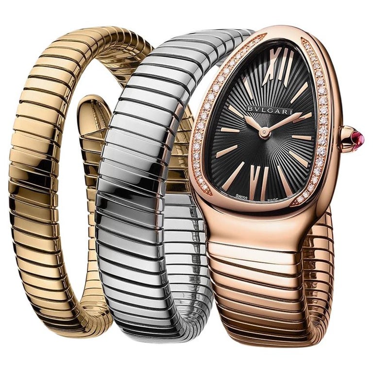 Bvlgari 18 Karat Tri-Color Gold Serpenti Tubogas Diamond Bracelet Watch ...