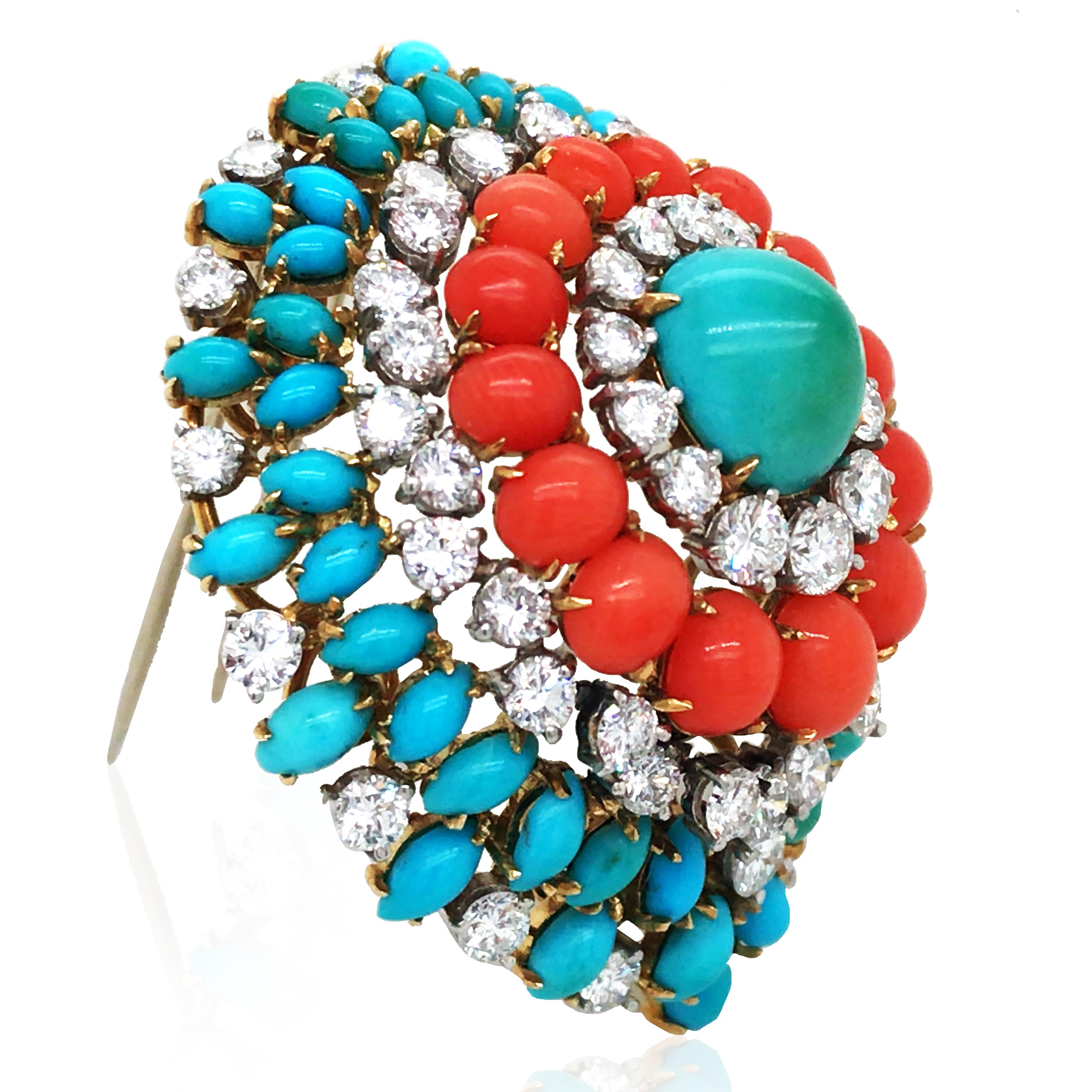 Bvlgari, 18K Gold Coral Turquoise Diamond Brooch For Sale at 1stDibs