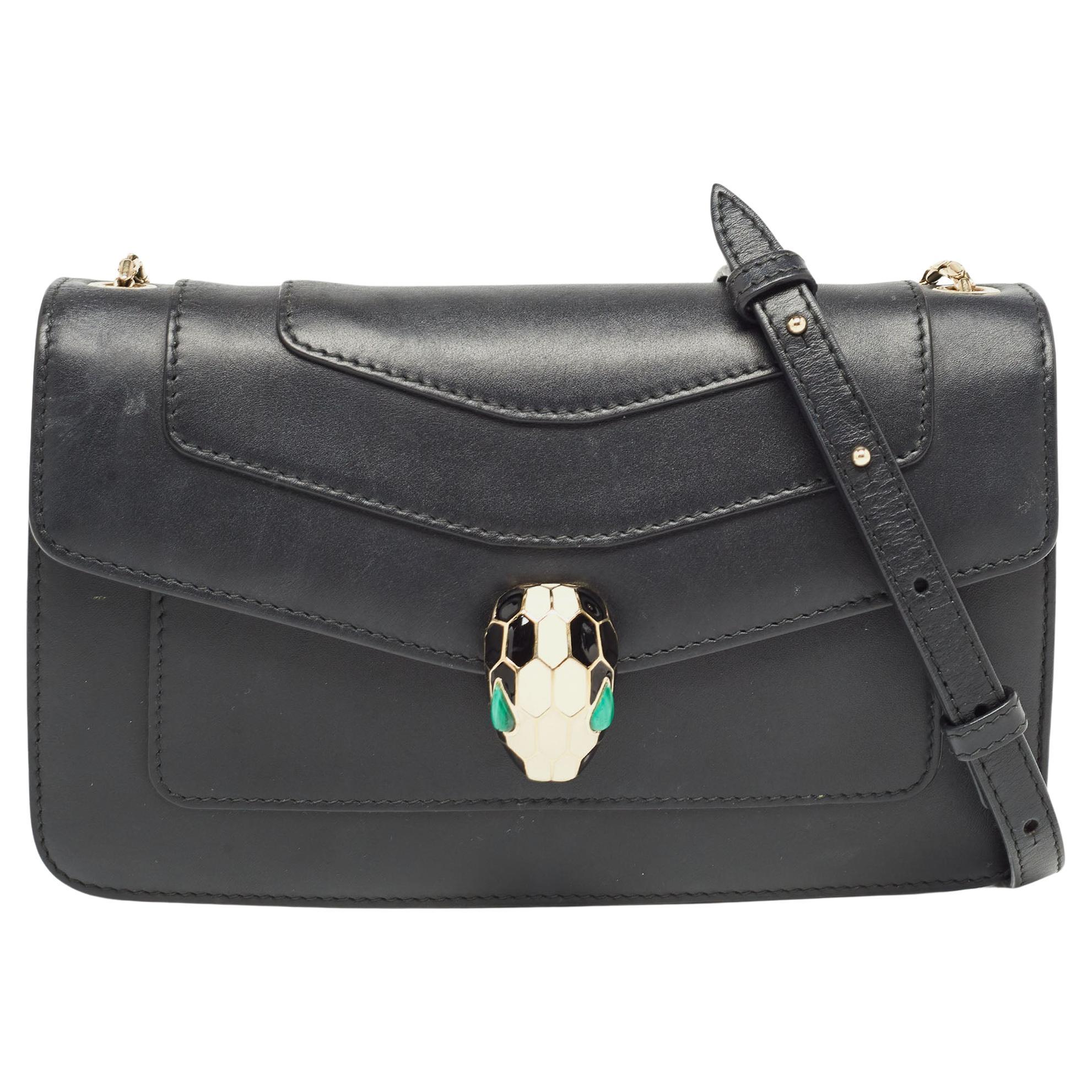 Bvlgari Black Leather Serpenti Forever Flap Chain Shoulder Bag at 1stDibs