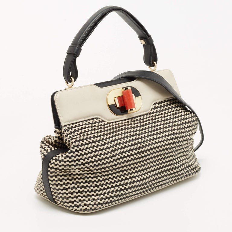 Bvlgari Black/White Woven Leather Isabella Rossellini Top Handle Bag at ...