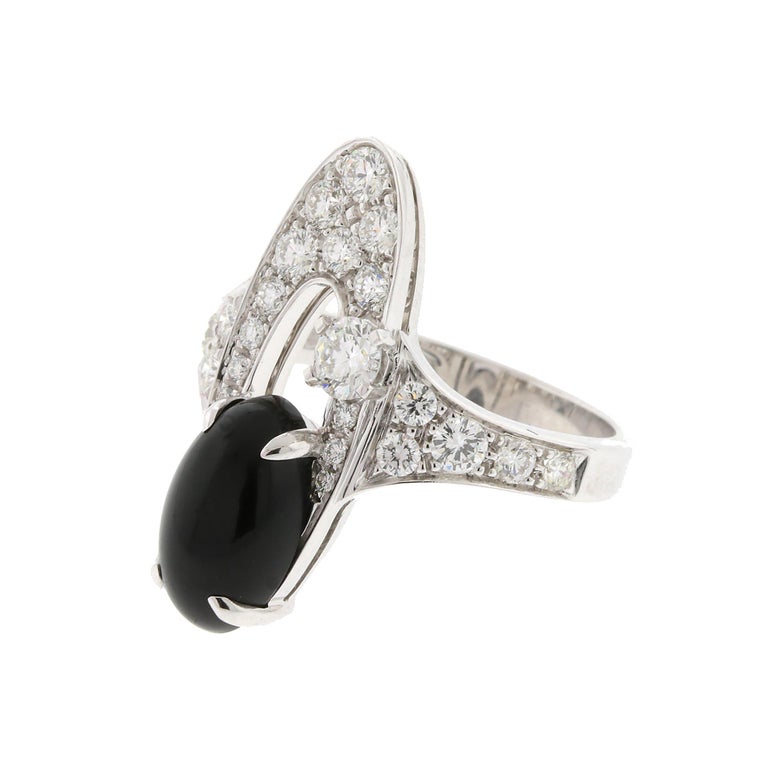 Bvlgari Elisia 18 Kt White Gold Diamond and Onyx Ring For Sale at 1stDibs