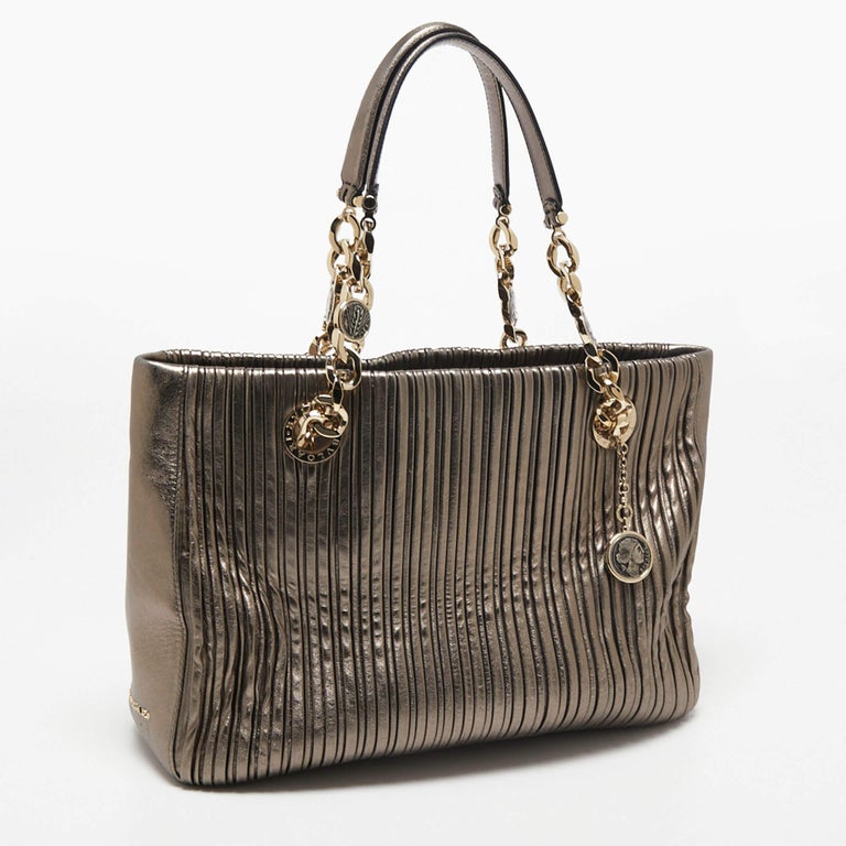 Bvlgari Metallic Grey Leather Monte Plisse Shopper Tote For Sale at 1stDibs