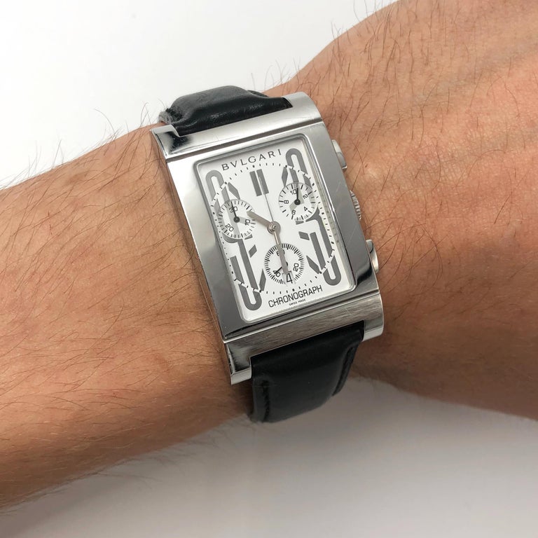 Bvlgari Rettangolo Steel Leather Rectangle White Dial Quartz Mens Watch ...