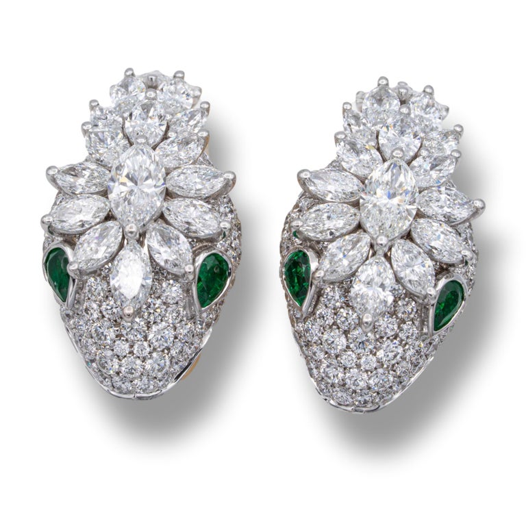 Bvlgari Serpenti Platinum and 18K Yellow Gold Diamond Earrings with Emerald Eyes