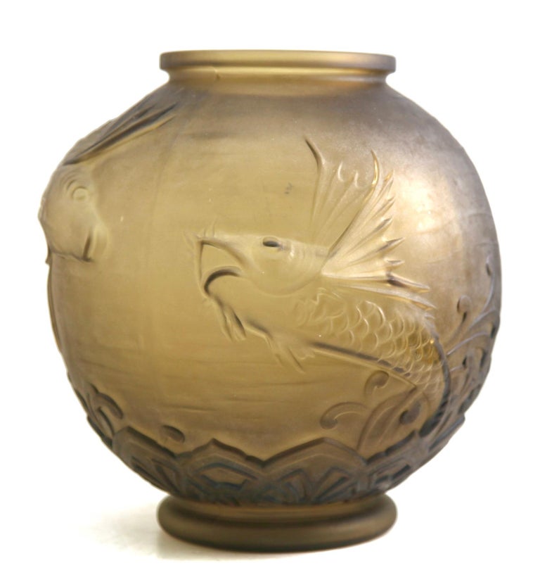 by Pierre D'Avesn Swimming Fish in Amber Gray Color Glass Vase, 'Daum ...