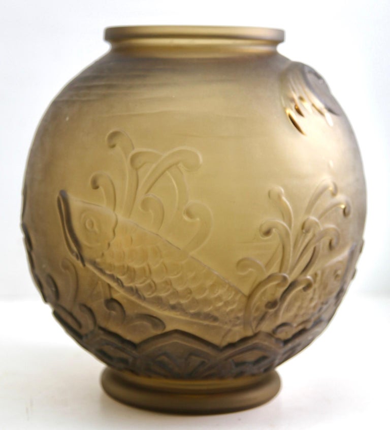 by Pierre D'Avesn Swimming Fish in Amber Gray Color Glass Vase, 'Daum ...