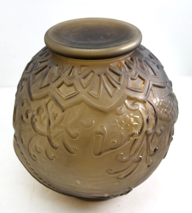 by Pierre D'Avesn Swimming Fish in Amber Gray Color Glass Vase, 'Daum ...