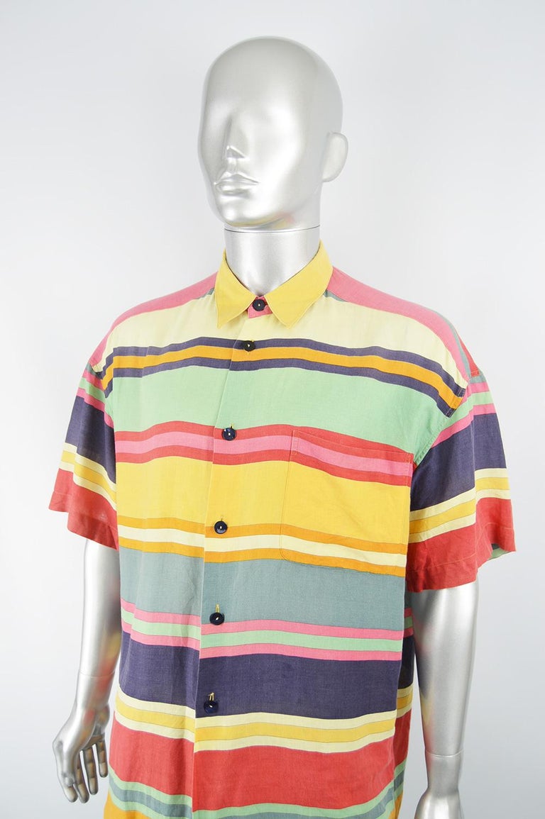 Byblos Men's 1980s Vintage Striped Linen Short Sleeve Button up Summer ...
